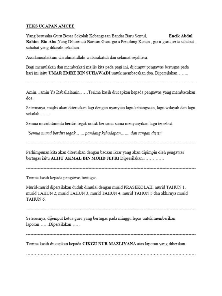 Teks Ucapan Emcee Perhimpunan 25 Jul 2022 | PDF