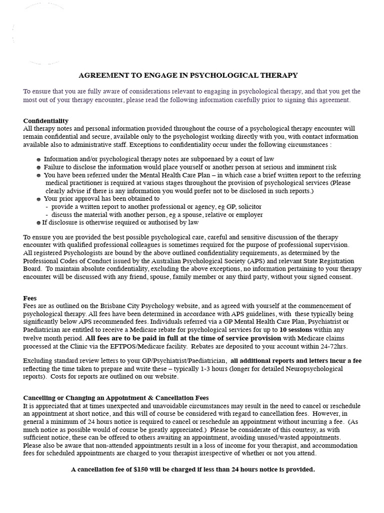 Therapy Agreement - TeleHealth PDF Copy For Scrib'd | PDF | Eye ...