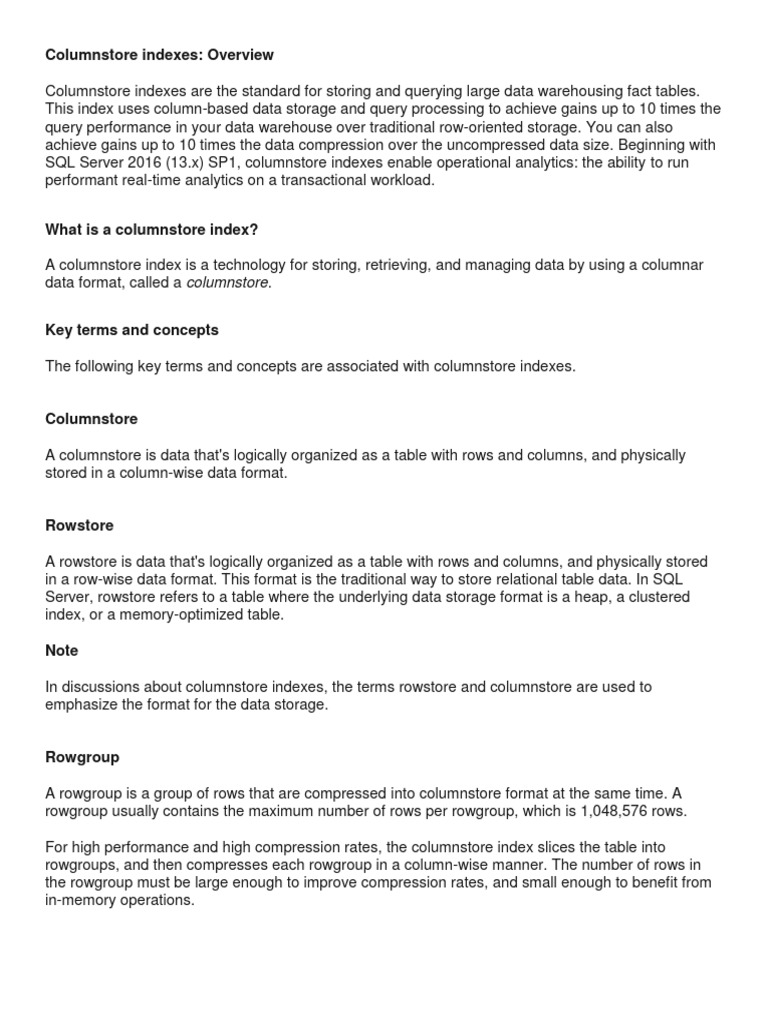 Columnstore Indexes | PDF | Database Index | Microsoft Sql Server