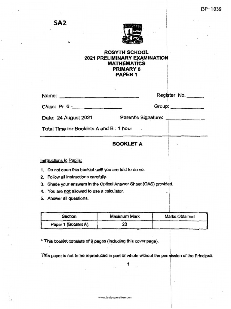 P6 Maths 2021 SA2 Rosyth | PDF