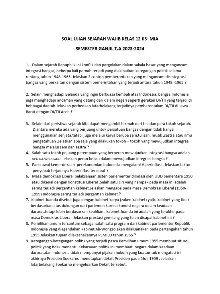 Soal Sejrah Wajib KLS 12-24 | PDF