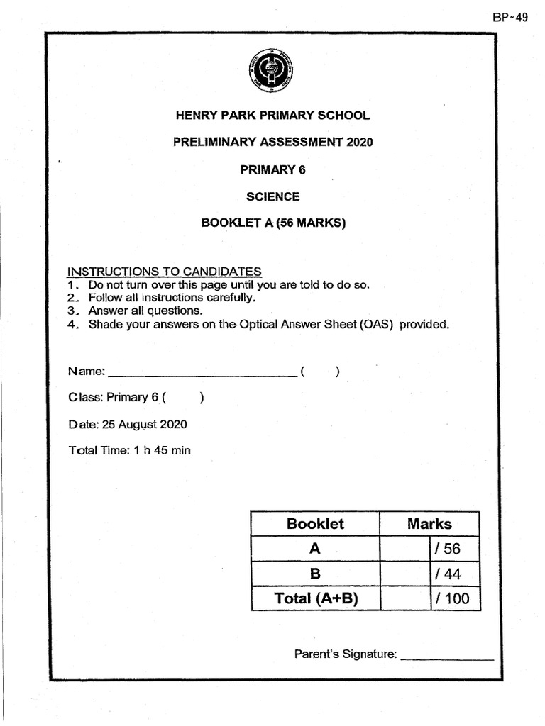 2020 Pri 6 Science SA2 Henry Park (Homework) - 1 | PDF