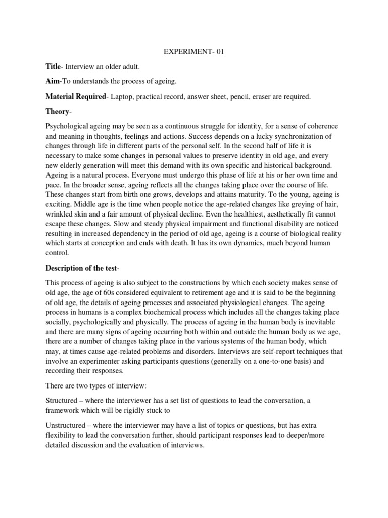 EXPERIMENT 01 Psycological Practical | PDF | Ageing | Interview
