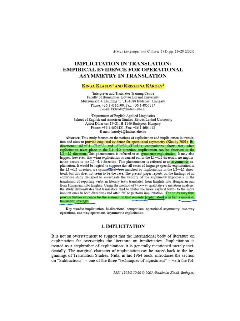 Klaudy K Karoly K Implicitation in Trans | PDF | English Language ...
