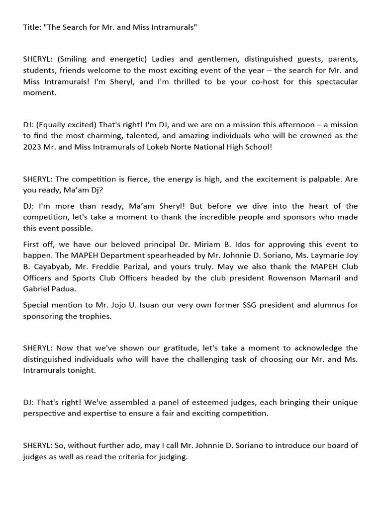 Mr. and Ms. Intrams 2023 Script | PDF