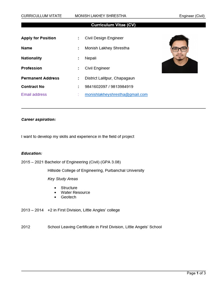 Civil Design Engineer CV - Monish Shrestha | PDF | Engineering