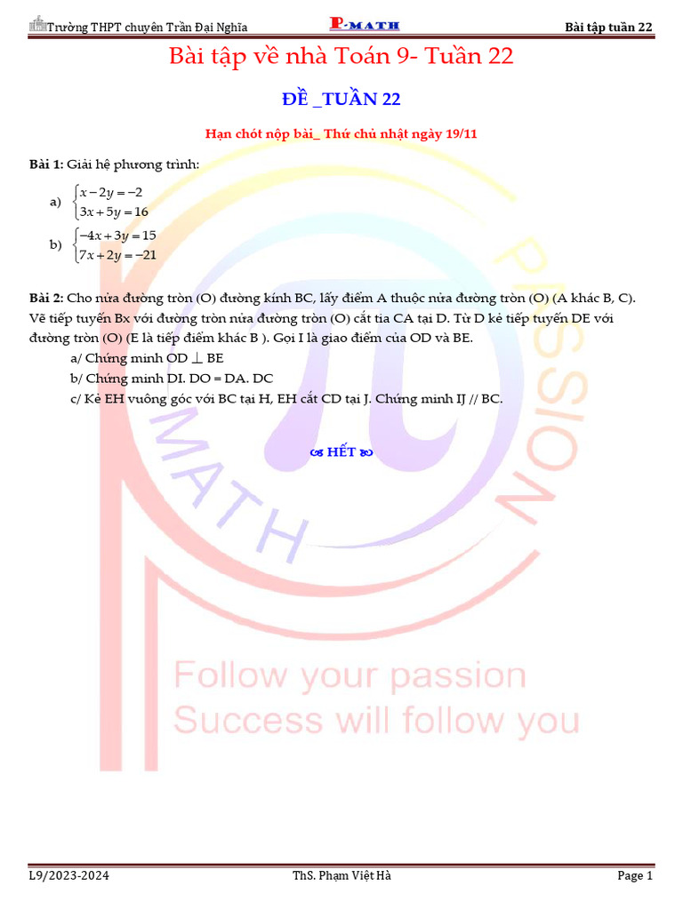 Toán 9 - BTVN tuần 22 2023 | PDF