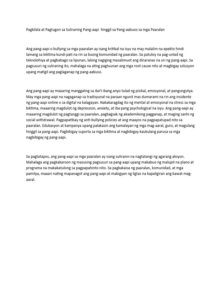 Pagkilala at Pagtugon Sa Suliraning Pang-Aapi Hinggil Sa Pang-Aabuso Sa ...