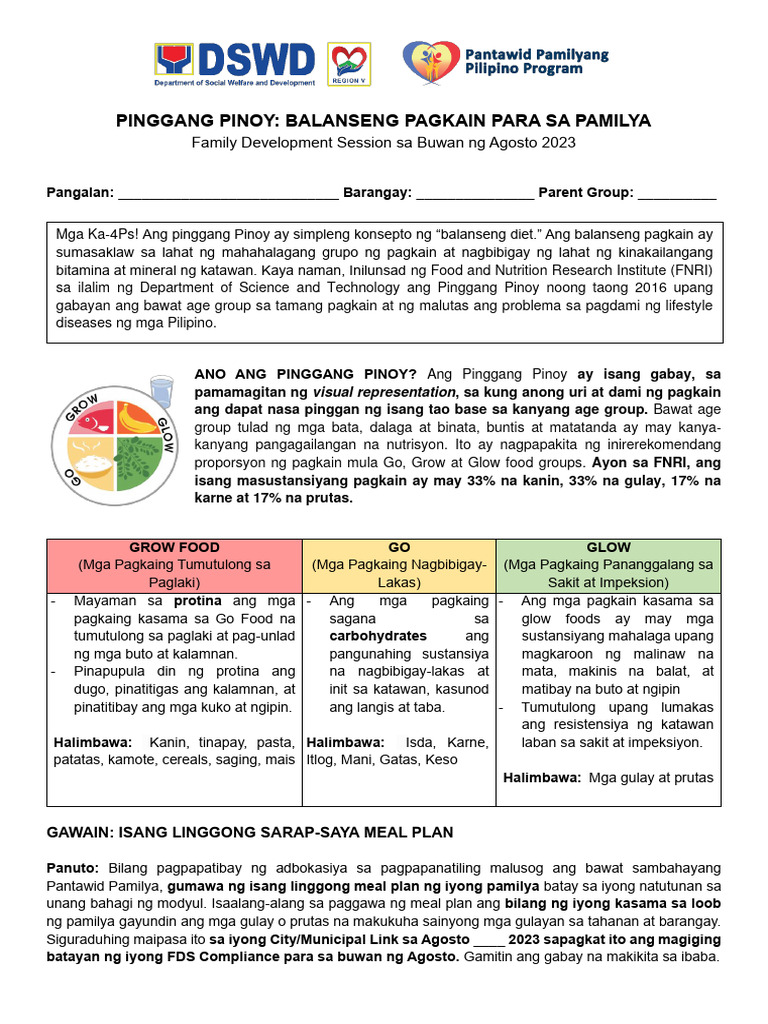 Pinggang Pinoy Balanseng Pagkain para Sa Pamilya | PDF