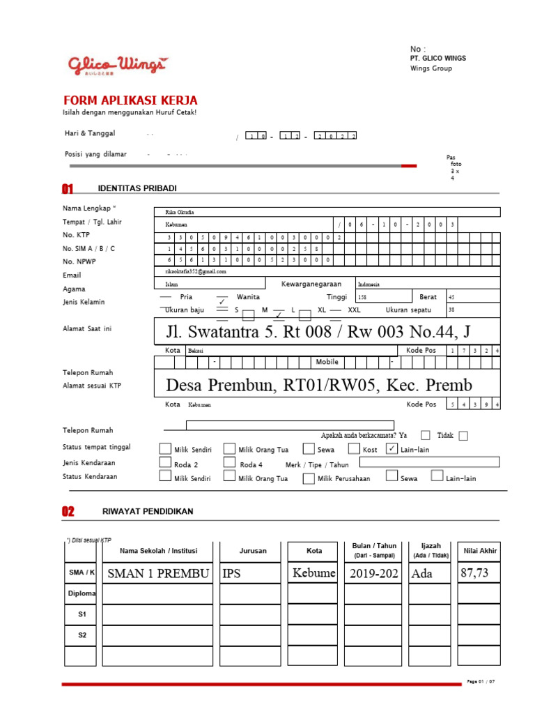 Form Aplikasi Kerja - Glico Wings (Rika) | PDF