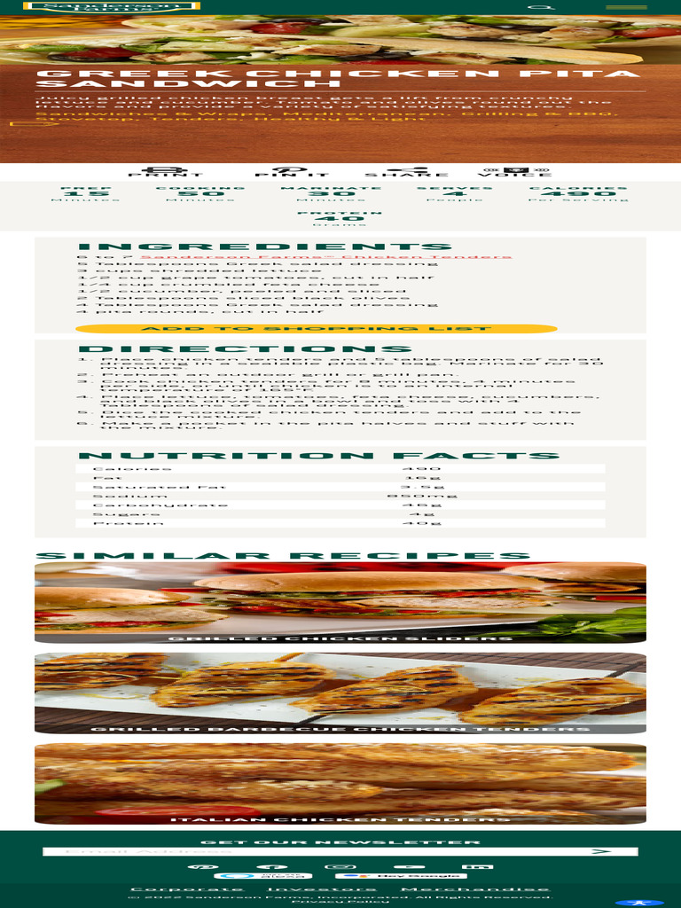 Greek Chicken Pita Sandwich - Sanderson Farms | PDF | Grilling | Salad