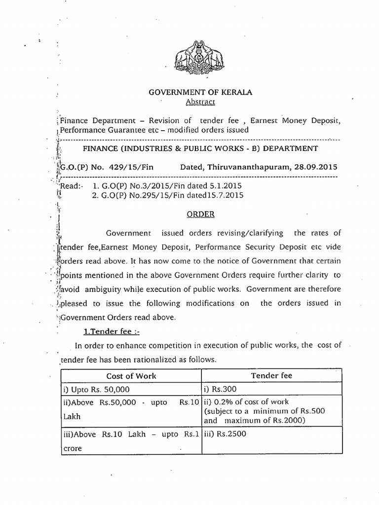 Kerala Tender Fee Revision 429/15 | PDF | Kerala | Economies