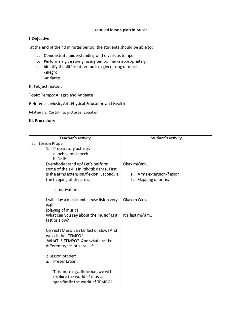Detailed Lesson Plan in Music | PDF | Tempo | Musical Forms