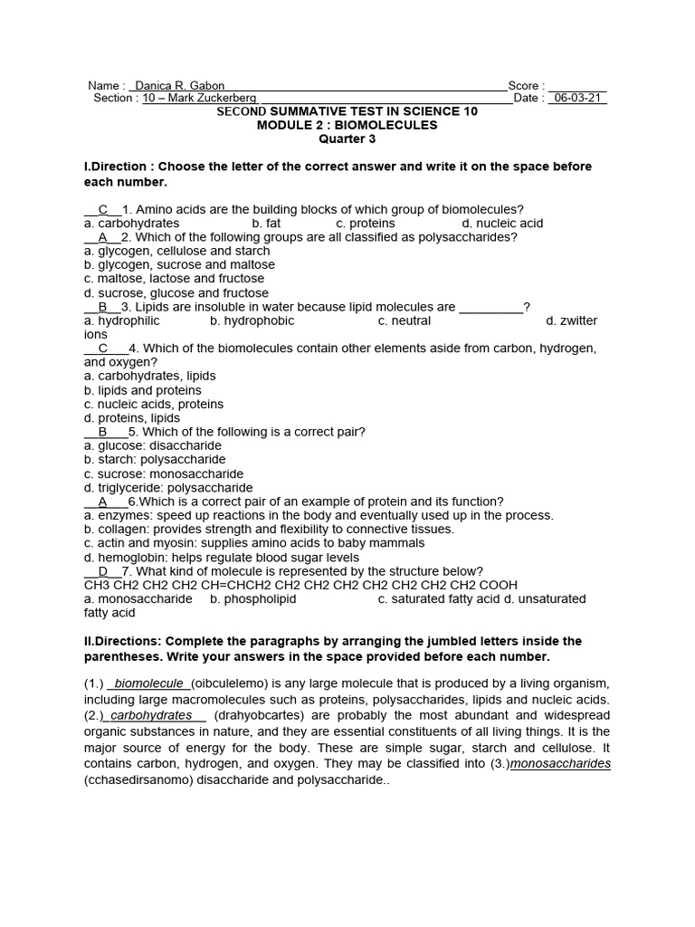 2nd Summative Test in Science 10 Q4 | PDF | Biomolecules | Carbohydrates