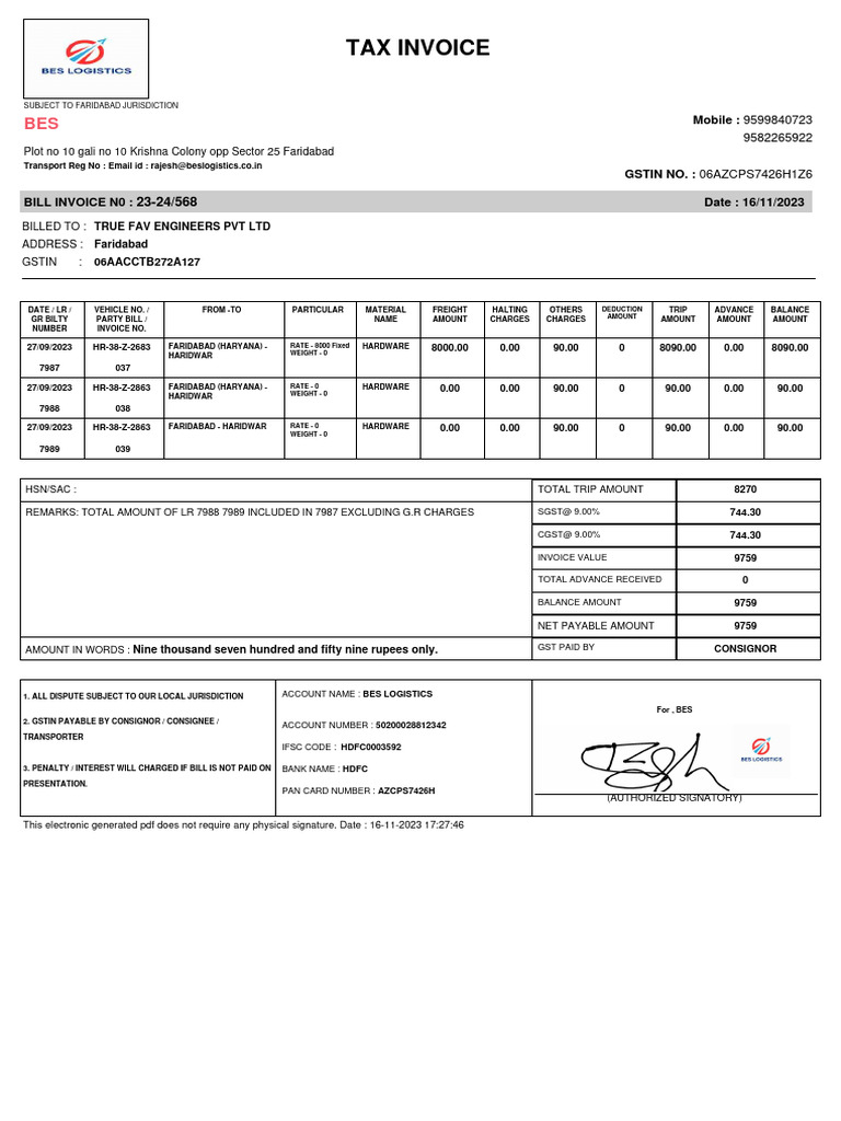 FM Bill 23-24 568 True Fav Engineers PVT LTD | PDF | Invoice | Money