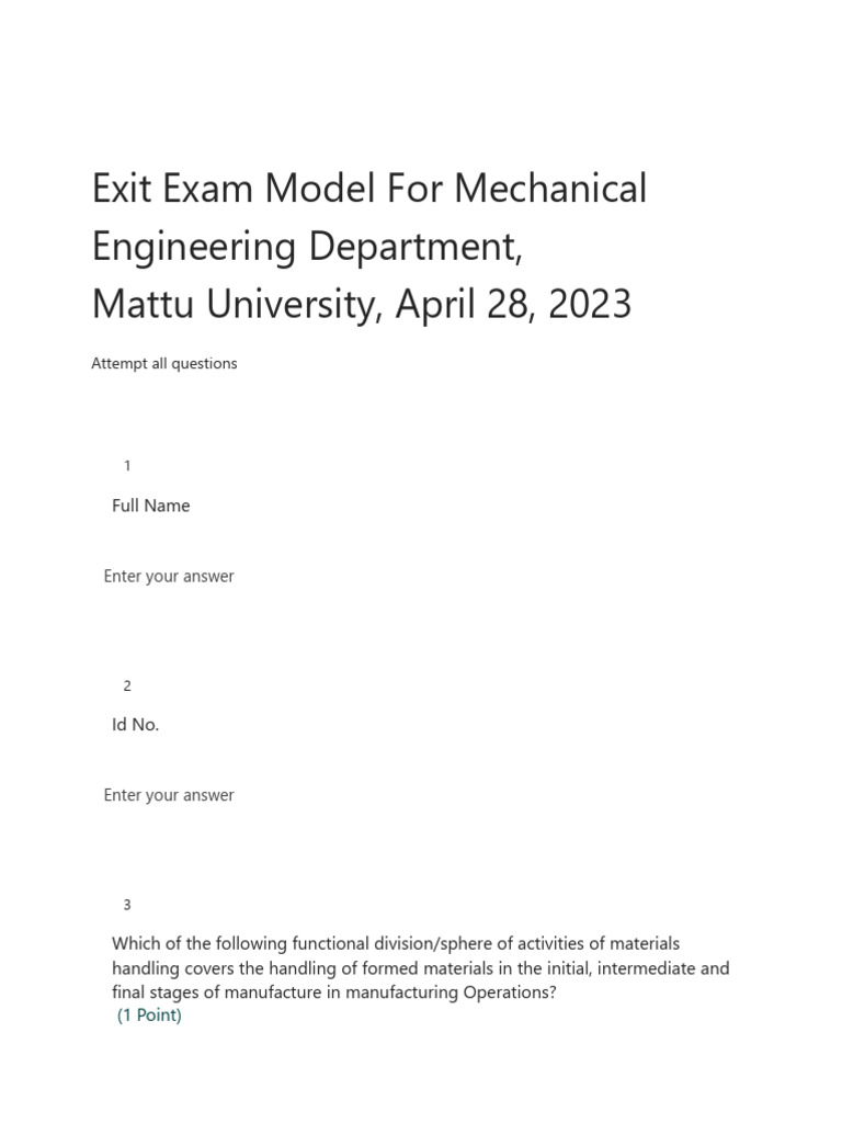 Exit Exam Model For Mechanical Engineering Department, Mattu University ...