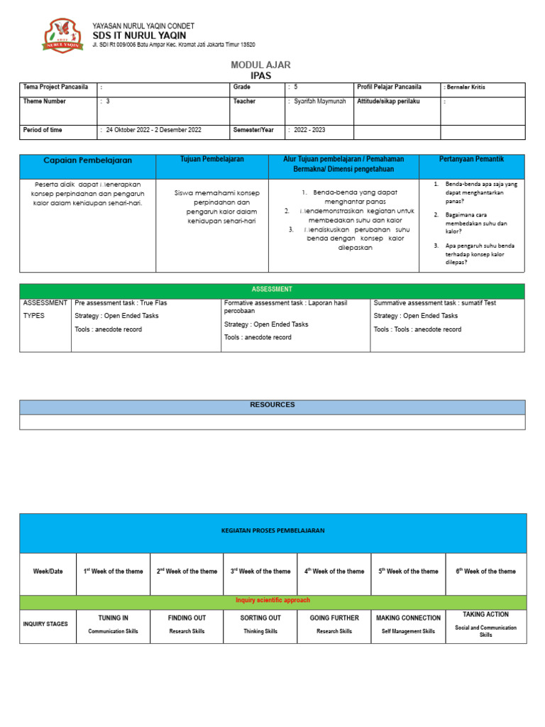 MODUL AJAR TEMATIK GRADE 5 THEME 3docx | PDF