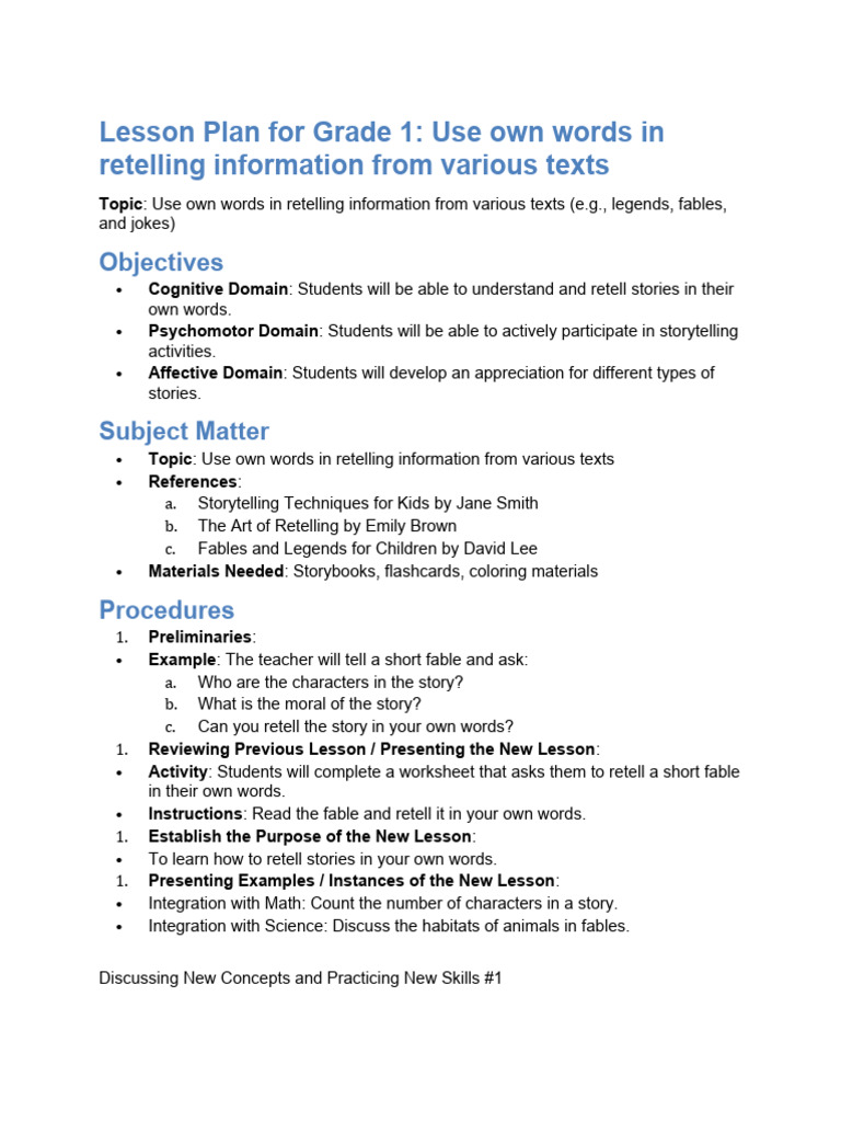 Use Own Words in Retelling Information From Various Texts (E.g ...