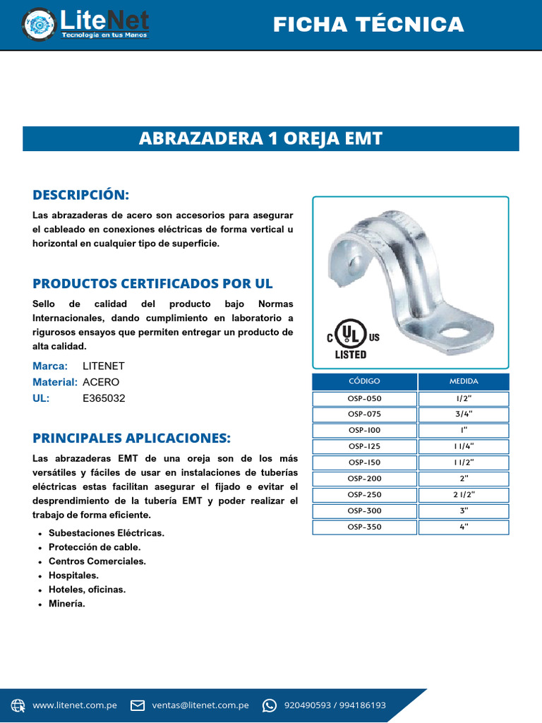 Ficha Tecnica - Abrazadera 1 Oreja Emt | PDF | Tornillo | Sector ...