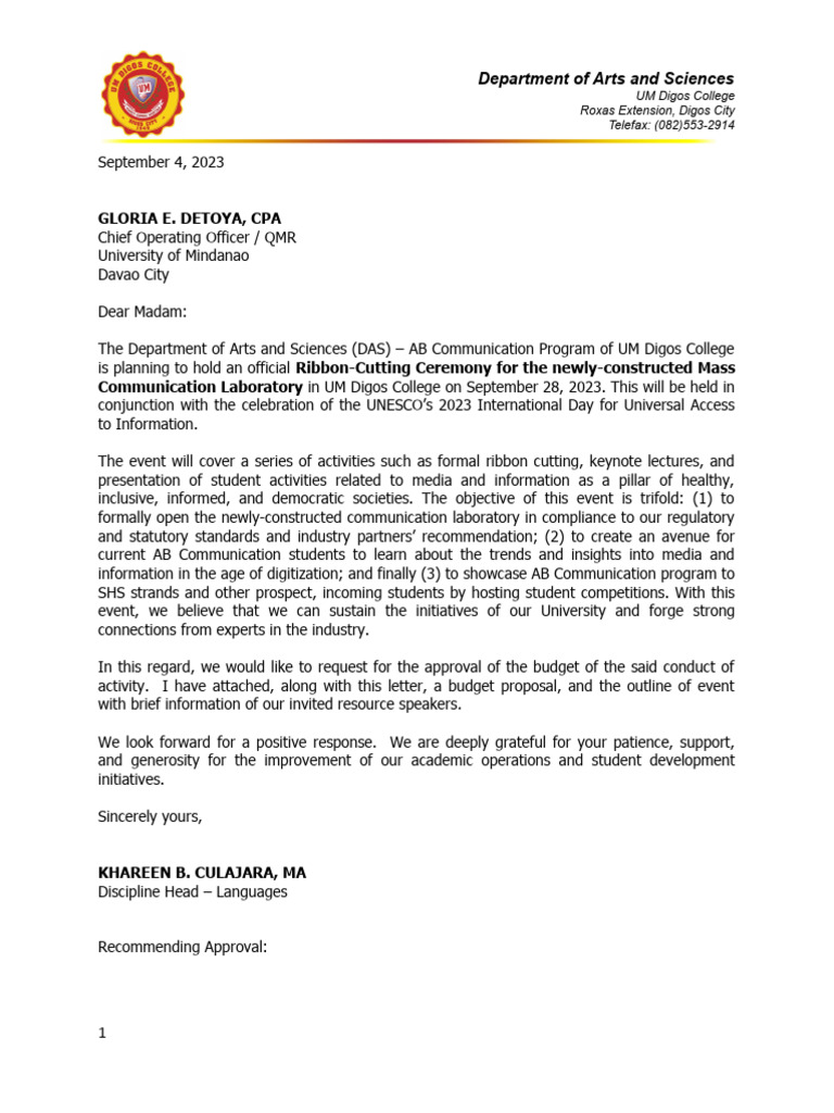 Sample Activity Proposal With Letter | PDF | Art