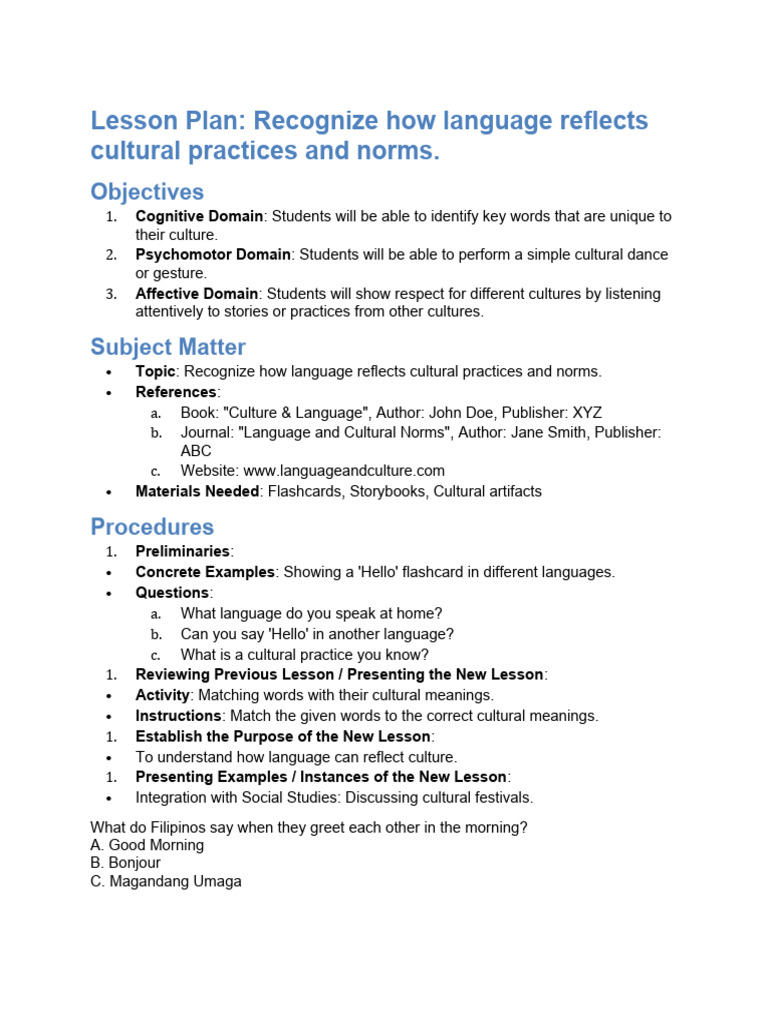 Recognize How Language Reflects Cultural Practices and Norms. | PDF ...