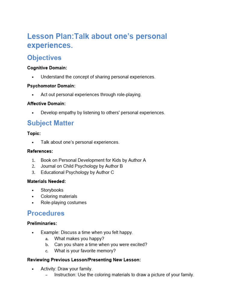 Sharing Personal Experiences Lesson Plan | PDF | Experience ...