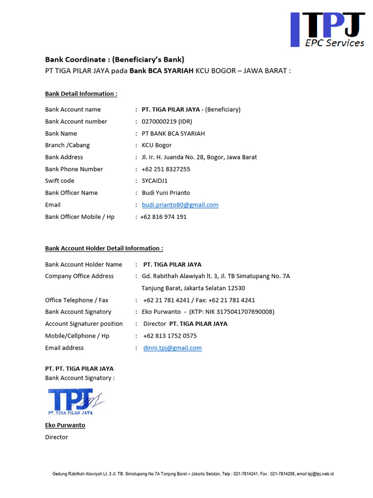 Bank Coordinate BCA Syariah - Email | PDF