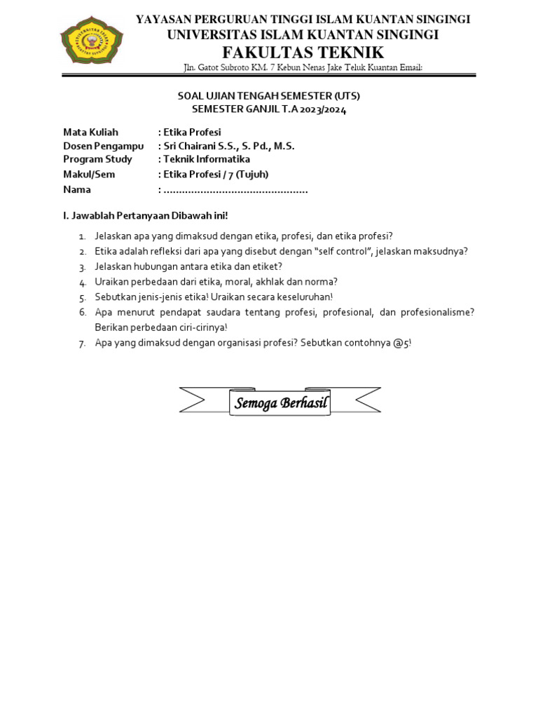 UTS Ganjil Etika Profesi 2023-2024 | PDF