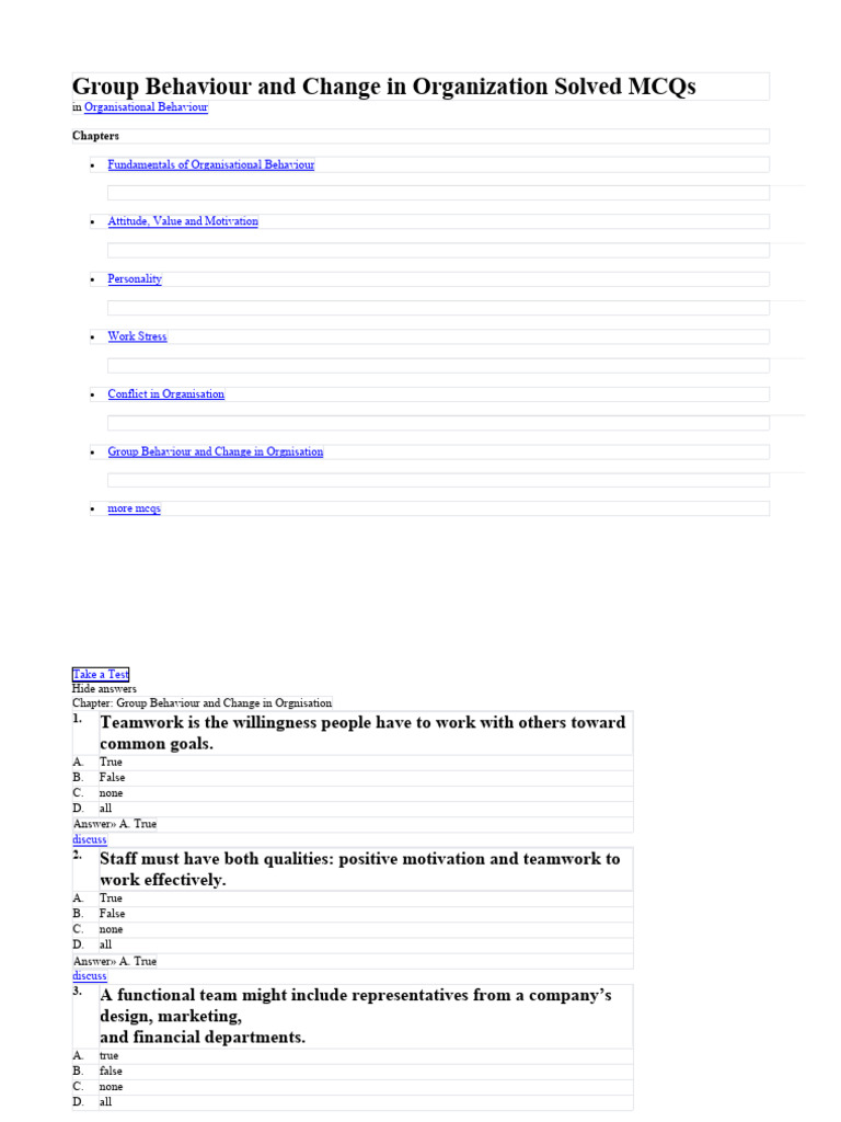 Group Behaviour and Change in Organization Solved MCQs | PDF | Organizational Behavior | Cognition