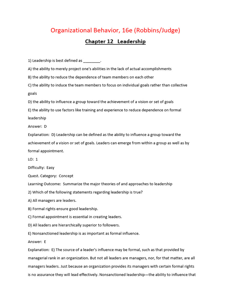 Sample Test Bank - Chapter 12 | PDF | Leadership | Concept