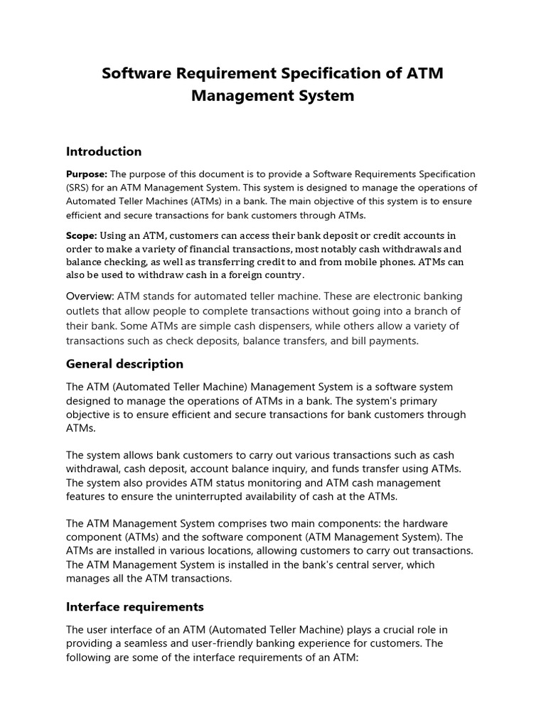 ATM Management System SRS Document | PDF | Automated Teller Machine | Cash
