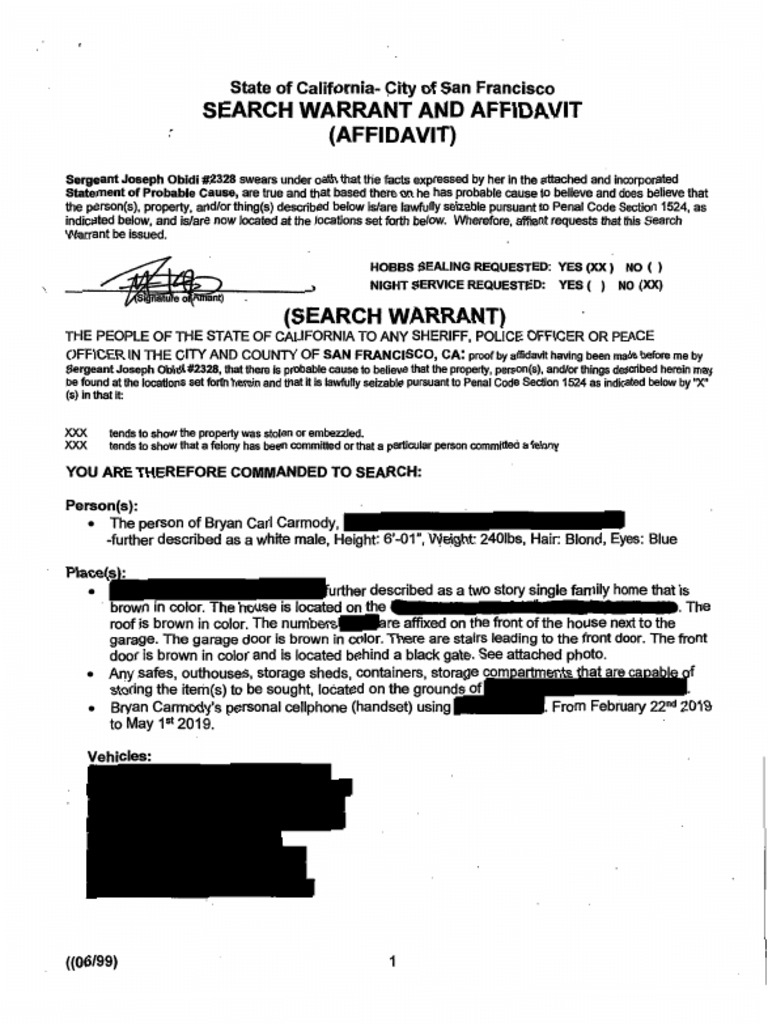 San Francisco Search Warrant Affidavit | PDF | Affidavit | Search Warrant