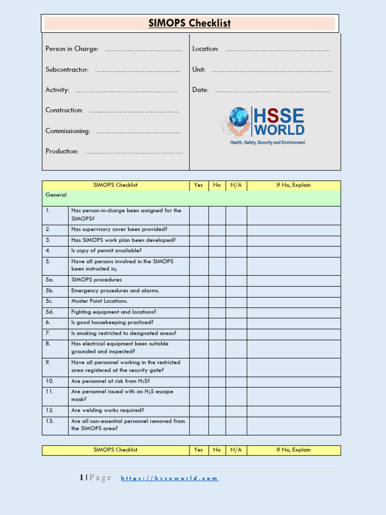 SIMOPS Checklist | Download Free PDF | Equipment | Occupational Safety ...