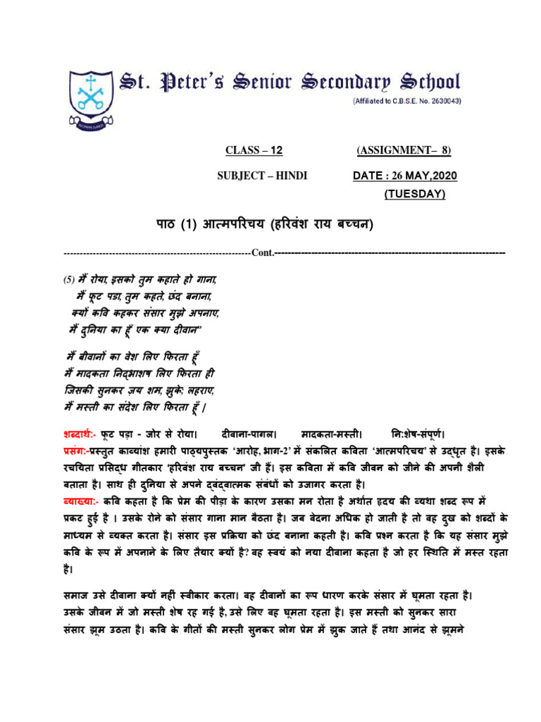 CLASS 12 Hindi Assignment 8 | PDF
