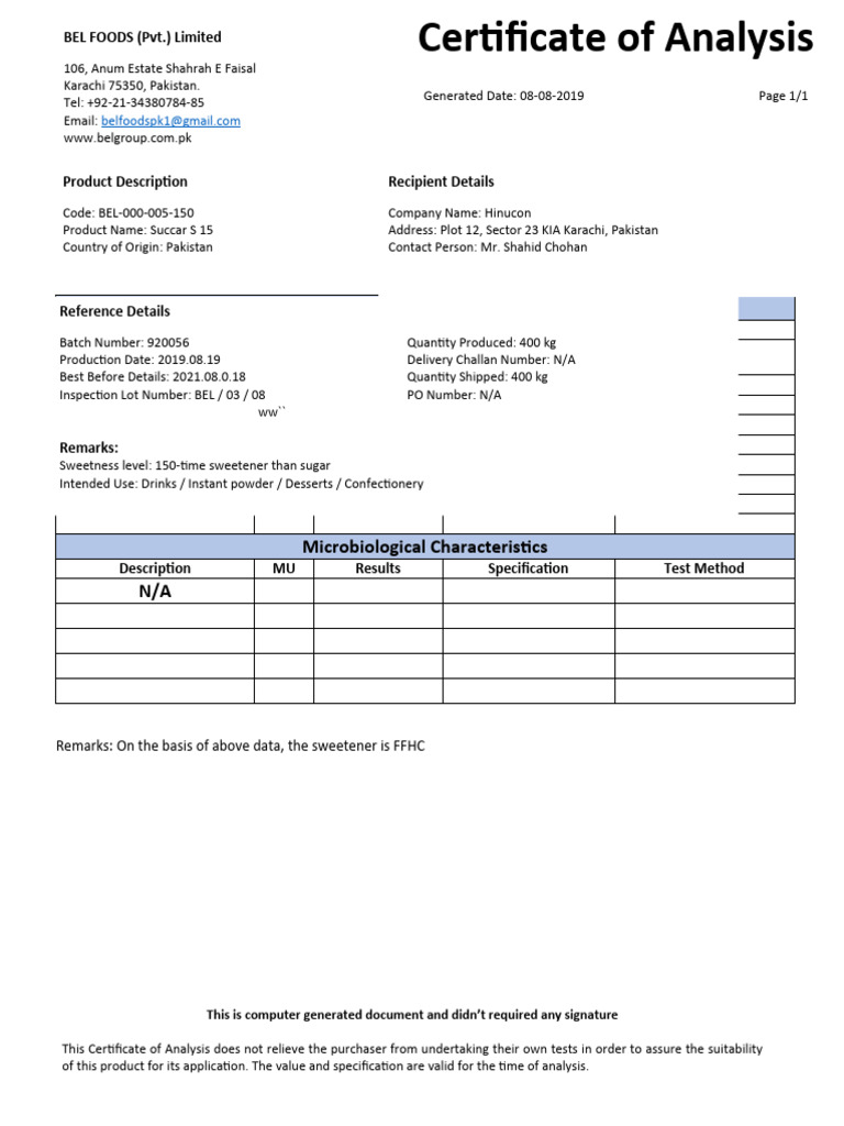 COA Succar S15 - Hinucon | PDF | Physical Sciences | Chemistry
