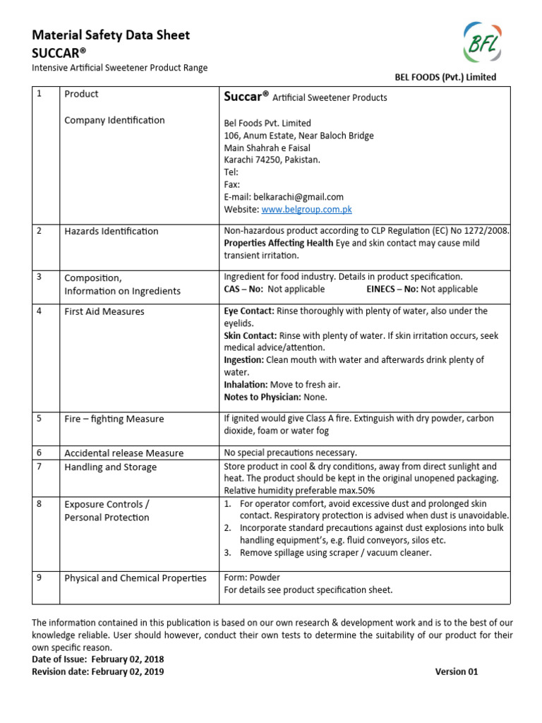 MSDS - Sweetners | PDF | Toxicity | Water