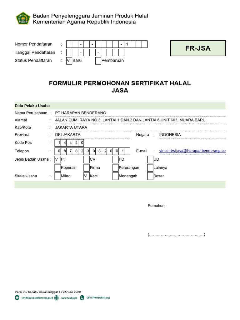 Formulir - Pendaftaran - Sertifikat Halal | PDF