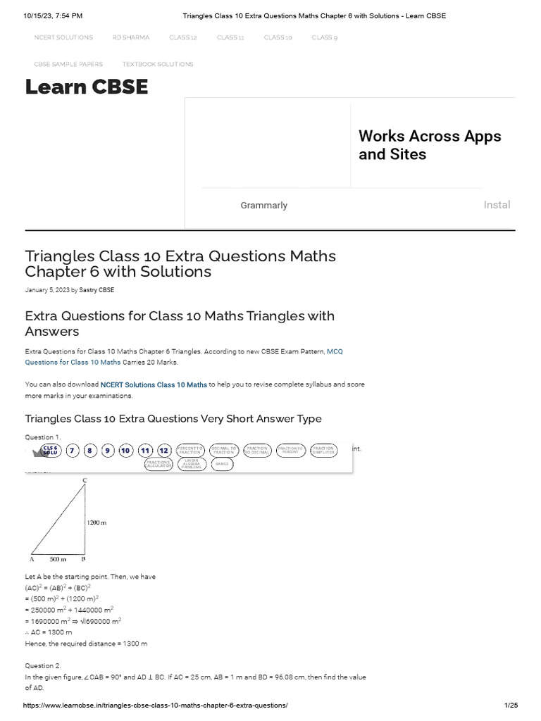 Triangles Class 10 Extra Questions Maths Chapter 6 With Solutions - Learn CBSE | PDF | Triangle ...