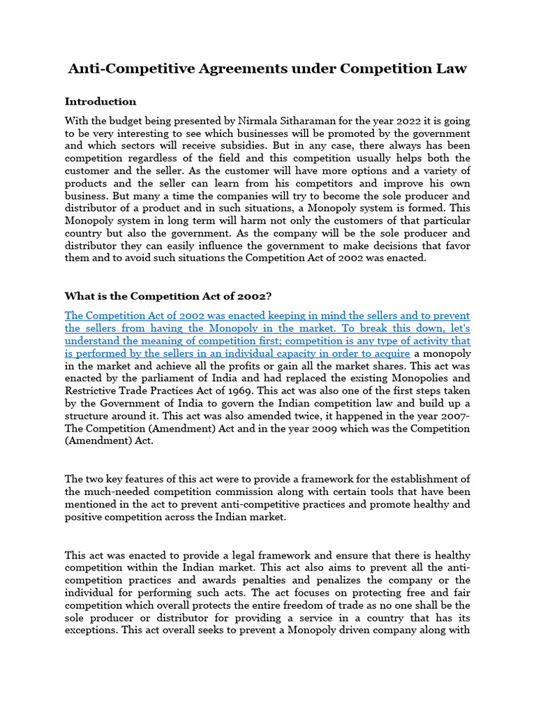 Anti Competitive Agreements Under Competition Law | PDF | Competition ...