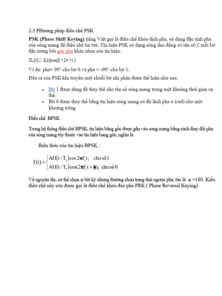 PSK (Phase Shift Keying) tiếng Việt gọi là điều chế khóa dịch pha, sử dụng đặc tính pha | PDF