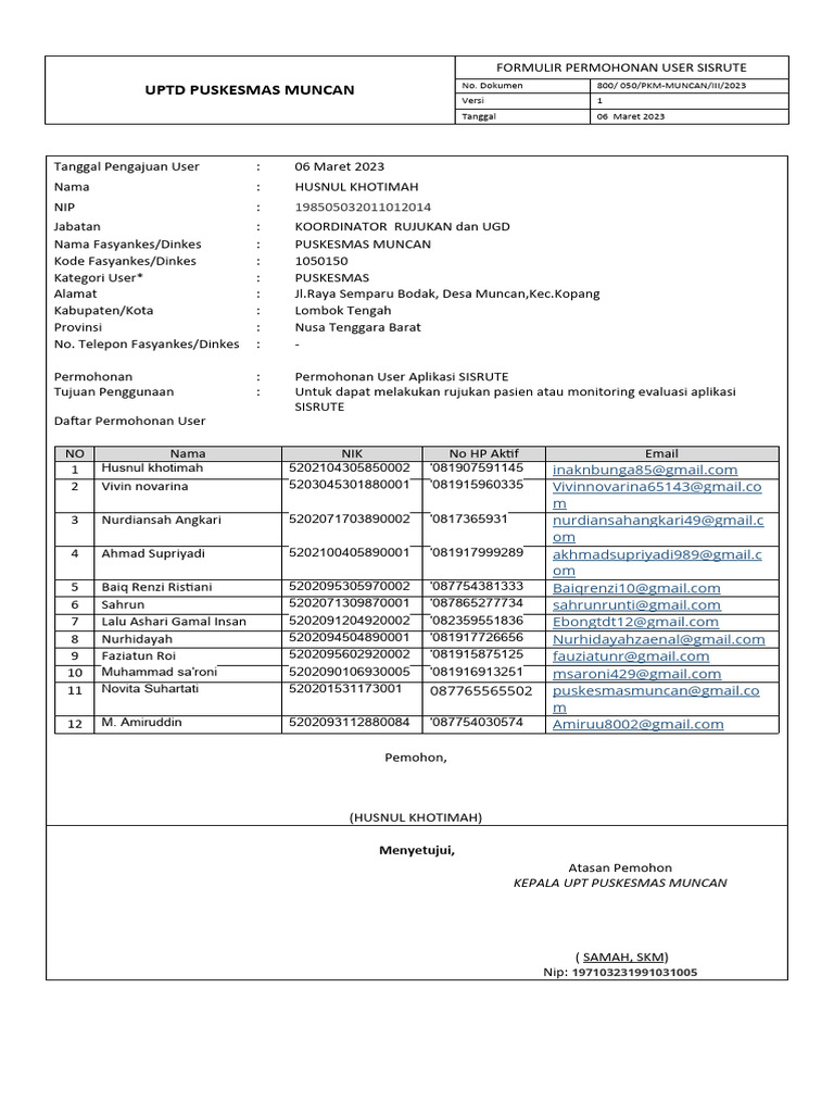 Permohonan User SISRUTE Puskesmas Muncan | PDF