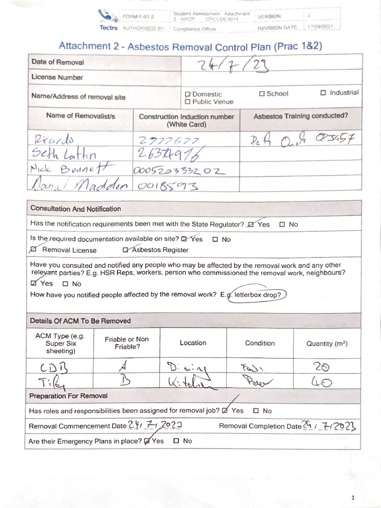 Attachment 2 - Asbestos Removal Control Plan (Prac 182) : Riarda | PDF ...