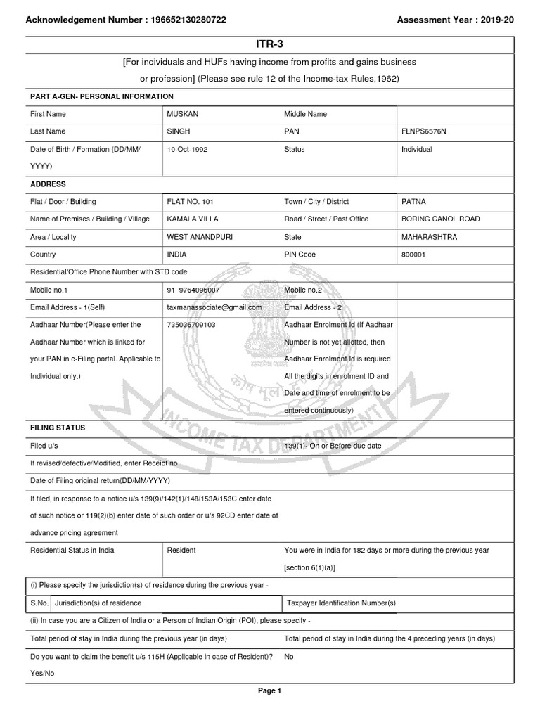 ITR-3 Filing for Muskan Singh AY 2019-20 | PDF | Taxes | Income