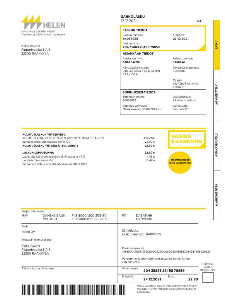 Sähkölasku 13.12.2021: Kampinkuja 2, 00090 HELEN Y-Tunnus 2630573-4 ...