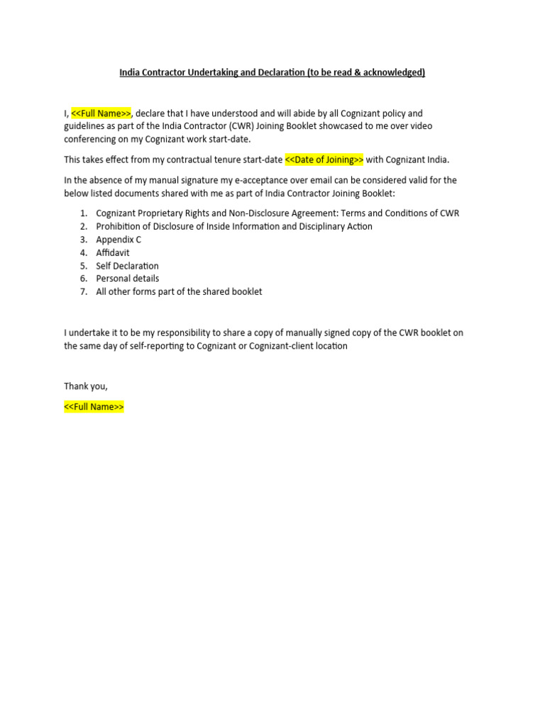India Contractor Undertaking and Declaration | PDF