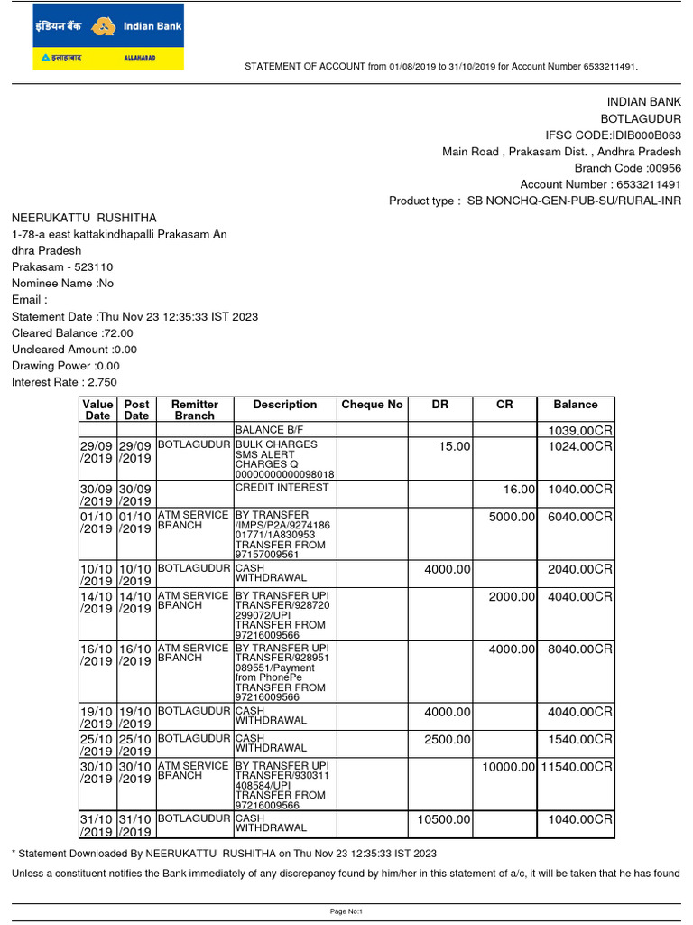 StatementOfAccount 6533211491 23112023 123533 | PDF | Banks | Automated Teller Machine