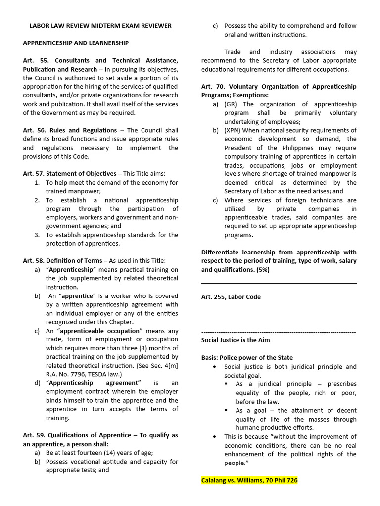 Labor Law Review (Midterms) Reviewer | PDF | Apprenticeship | Employment Labor Law Review (Midterms) Reviewer | PDF | Apprenticeship | Employment