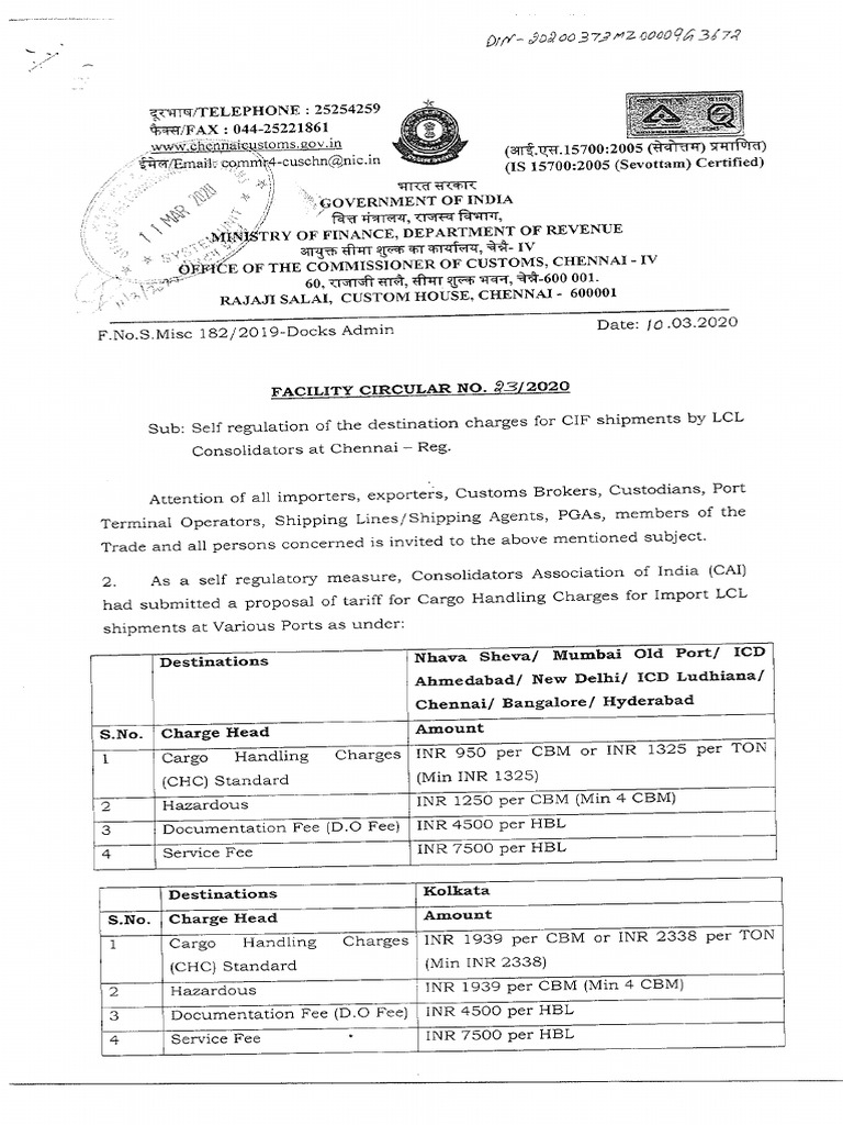 Destination Charges For CIF Shipments by LCL Consolidators at Chennai | PDF
