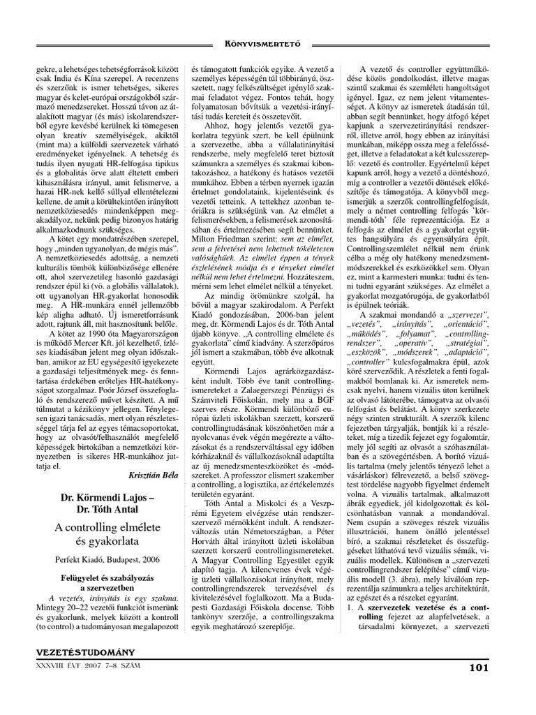 Kormendi Lajos Toth Antal A Controlling | PDF