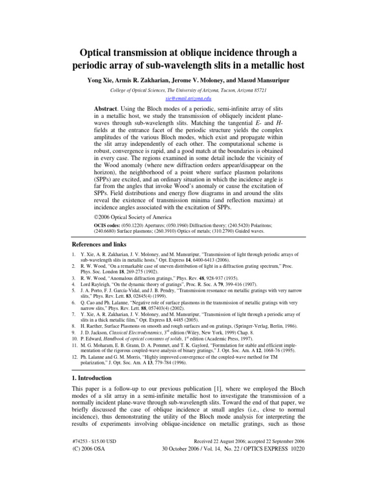14optical Transmission At Oblique Incidence Through A Pdf